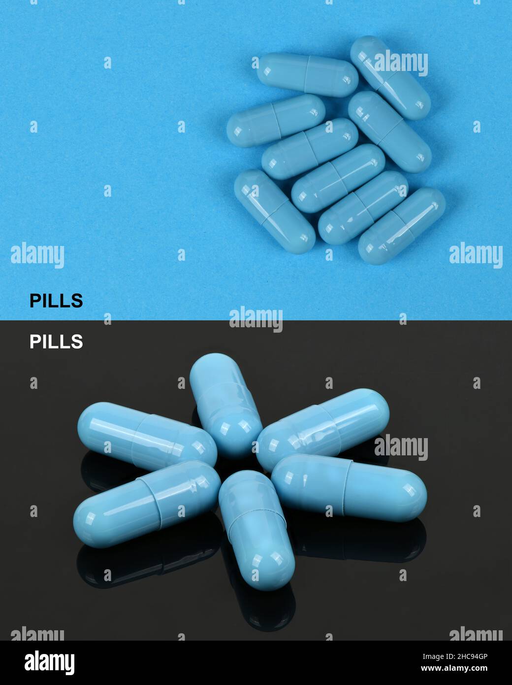 Creative layout made of blue medical pill capsules isolated on white ...
