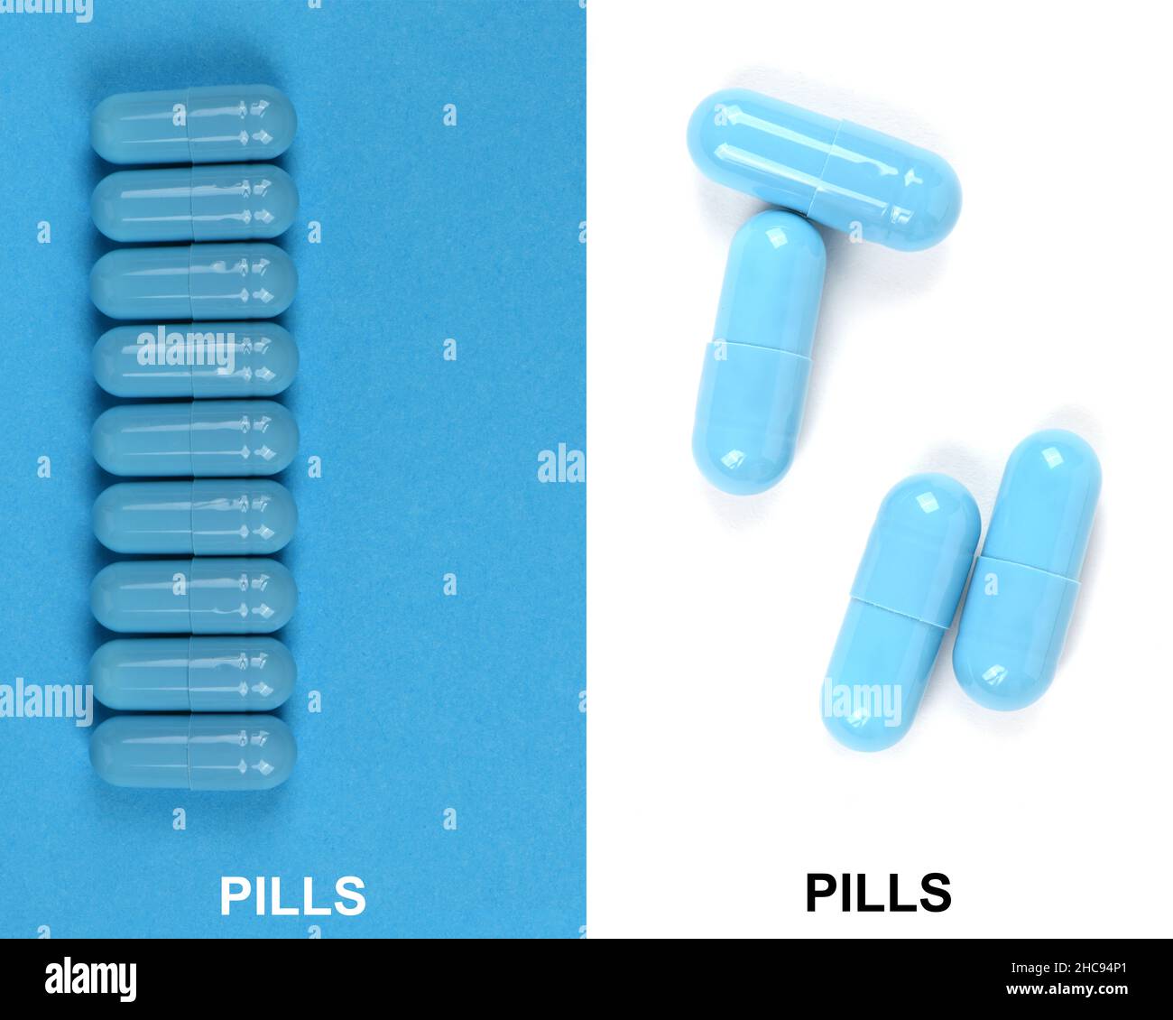 Creative layout made of blue medical pill capsules isolated on white ...