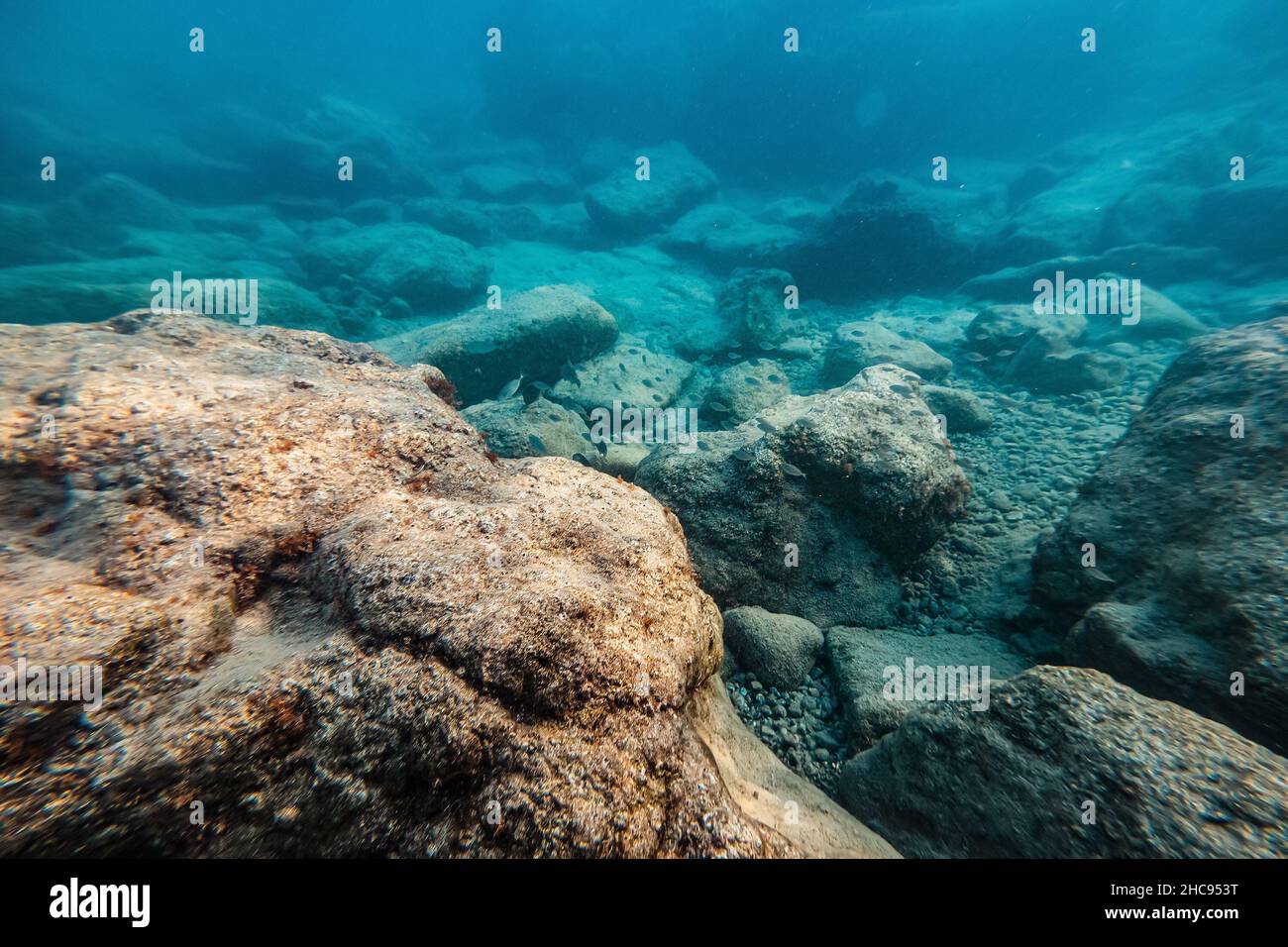 A deserted but fascinating underwater landscape with large rocks ...