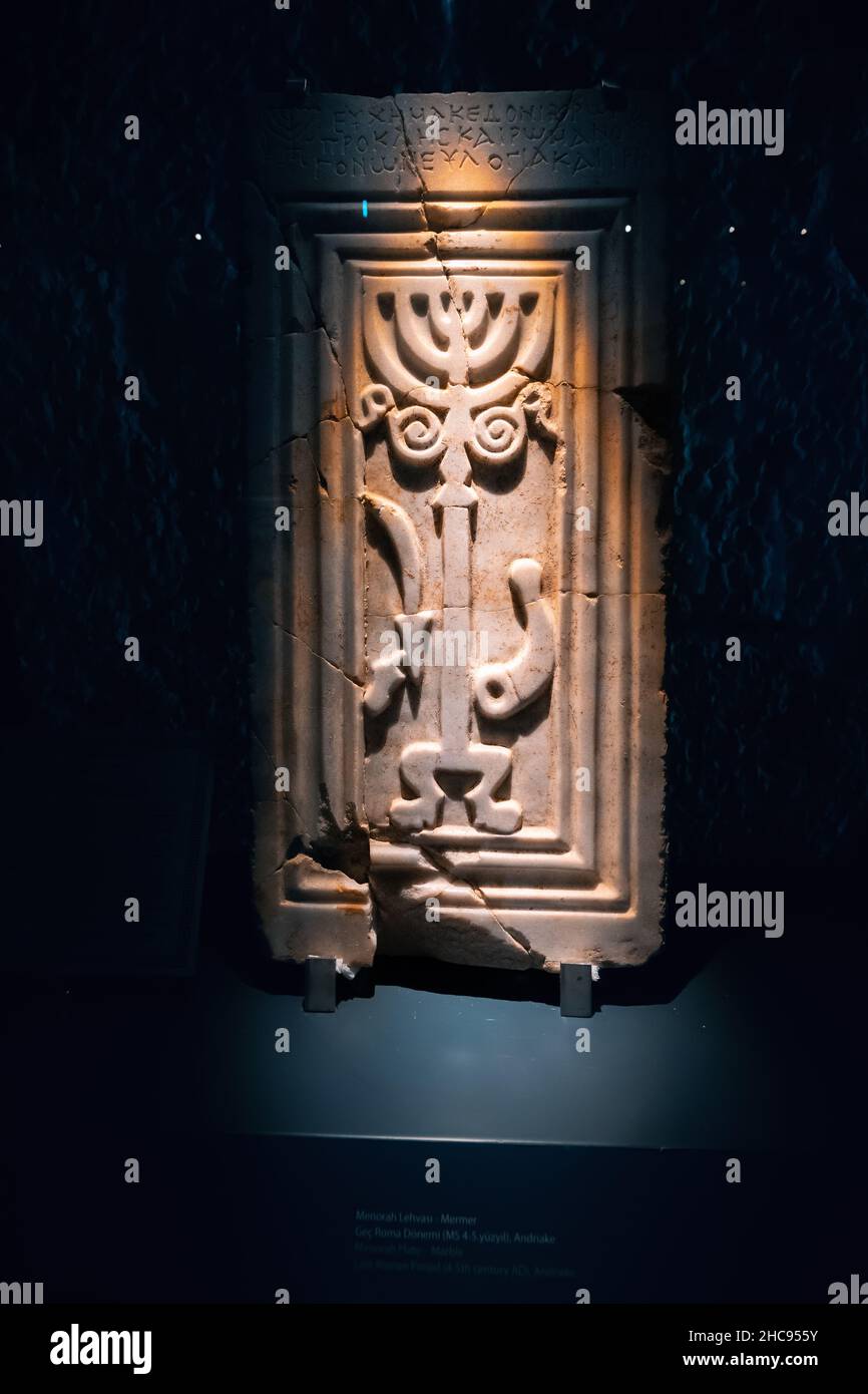 26 August 2021, Andriake, Turkey: Menorah plate - Old stone tablet ...