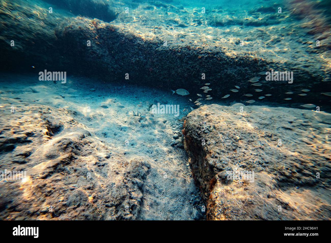 A deserted but fascinating underwater landscape with large rocks ...