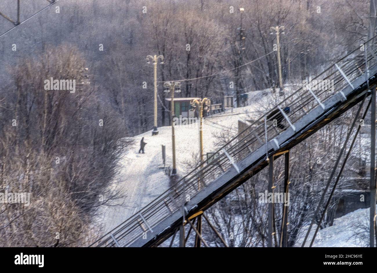 1990 archive image of the original ski jump (erected 1953) in the Lenin ...