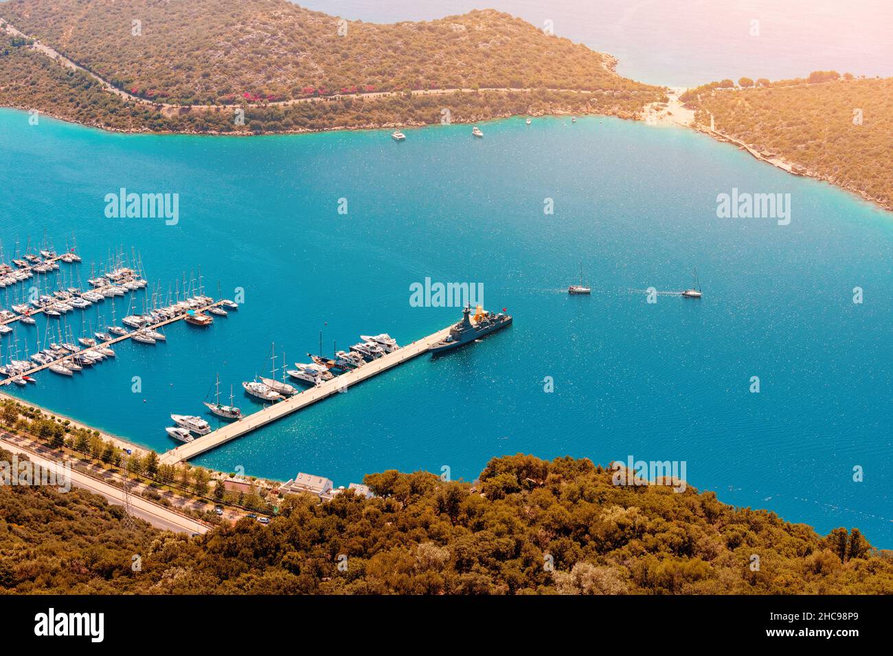 Charming panoramic aerial view of seaside resort town. Harbor with port ...