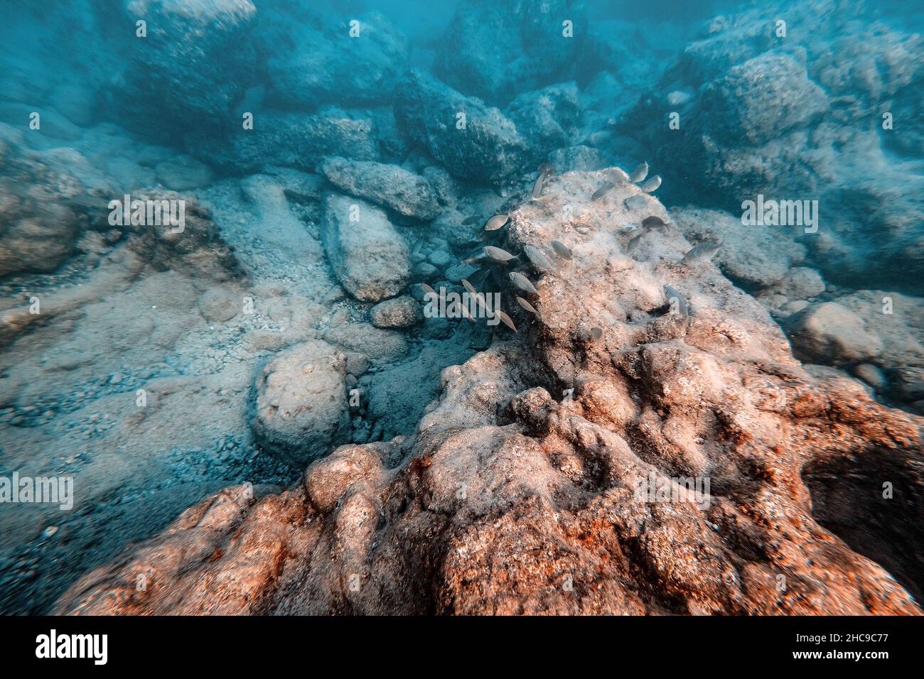 A deserted but fascinating underwater landscape with large rocks ...