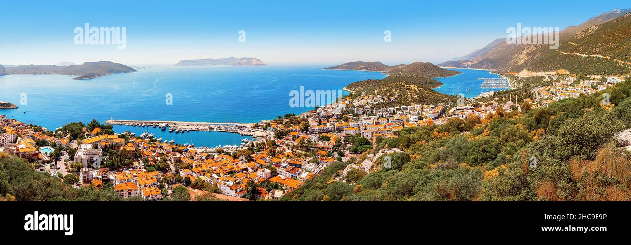 Charming panoramic aerial view of seaside resort town of Kas in Turkey ...