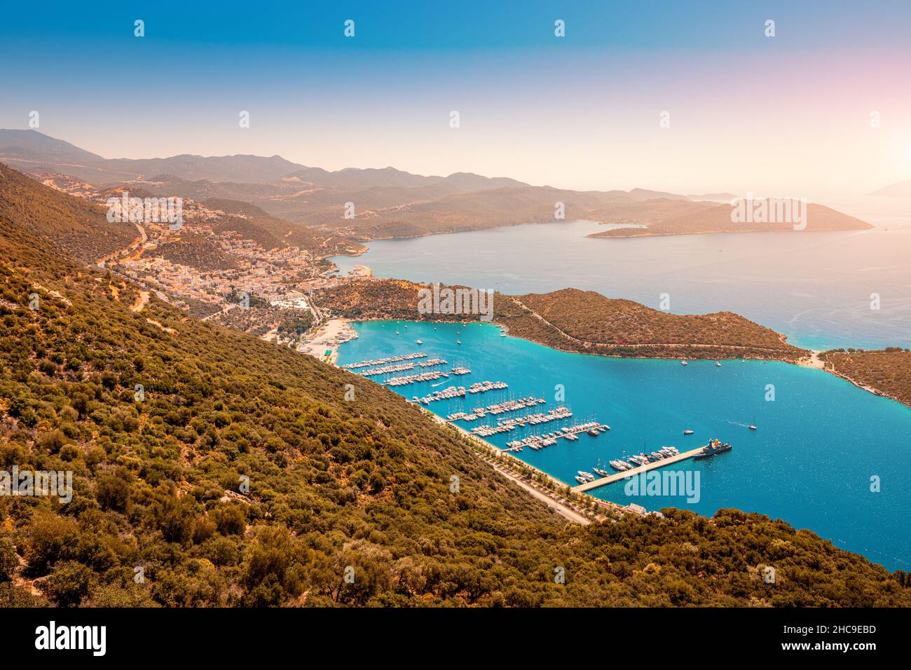 Charming panoramic aerial view of seaside resort town. Harbor with port ...