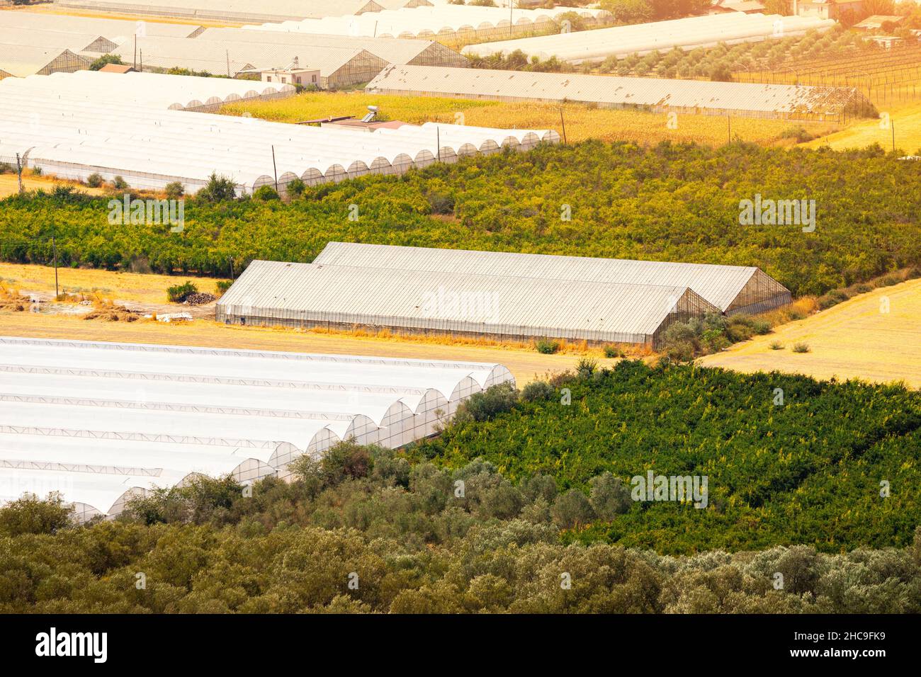 Aerial view of various greenhouses and agricultural fields in ...