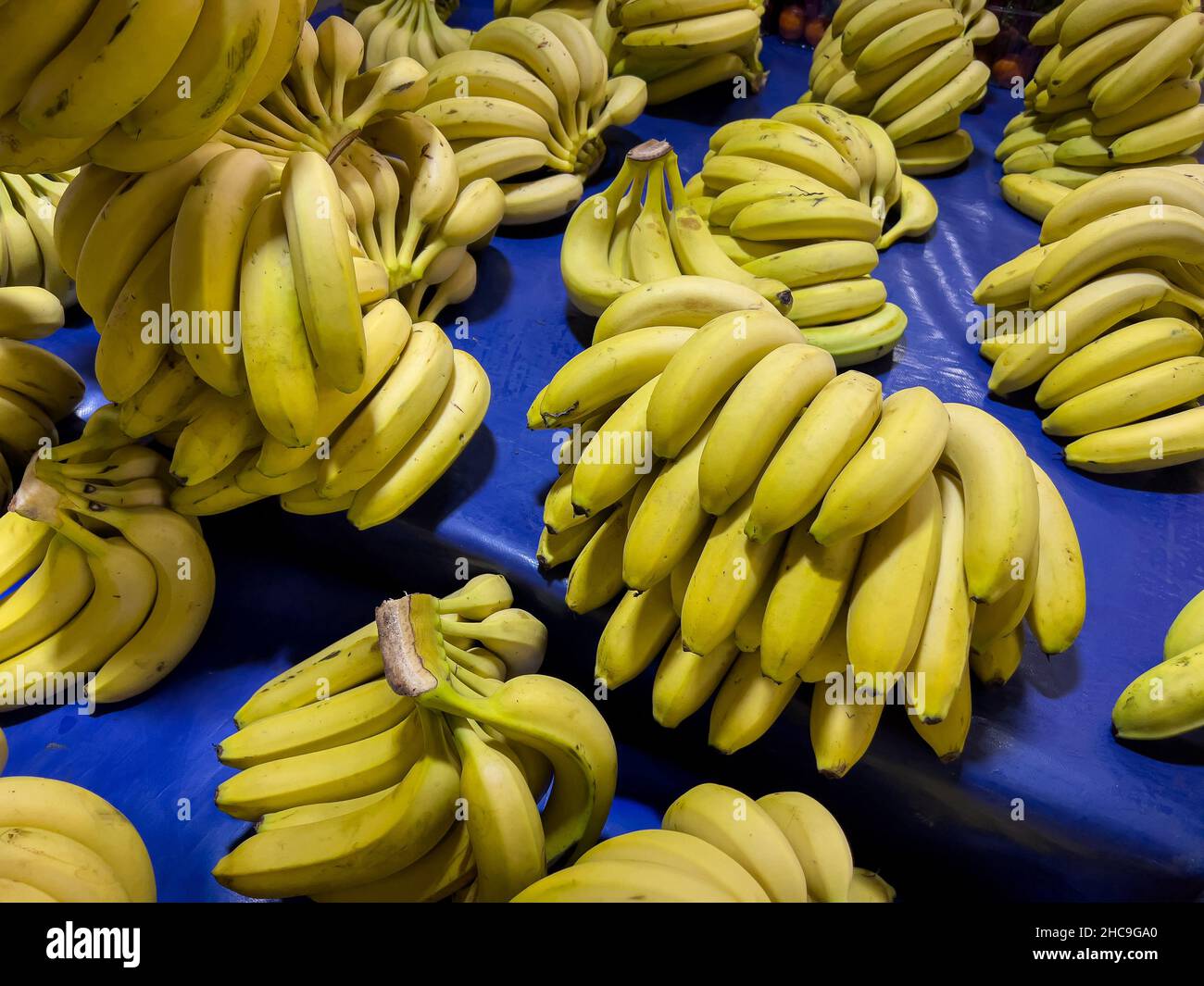 Organic bananas lined up on the counter in a traditional Turkish market ...