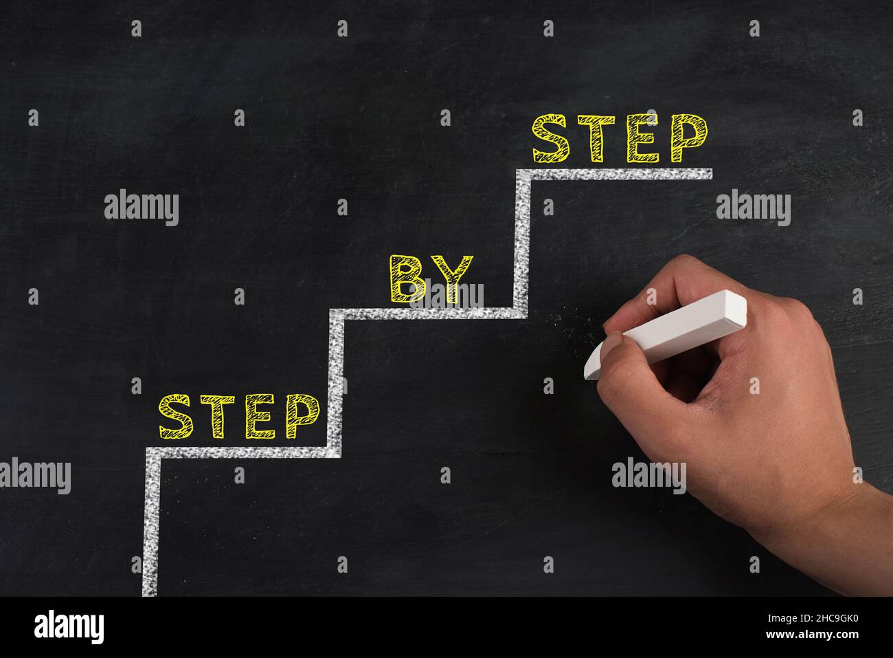 Step by step taking the stairs, chalk drawing on a blackboard ...