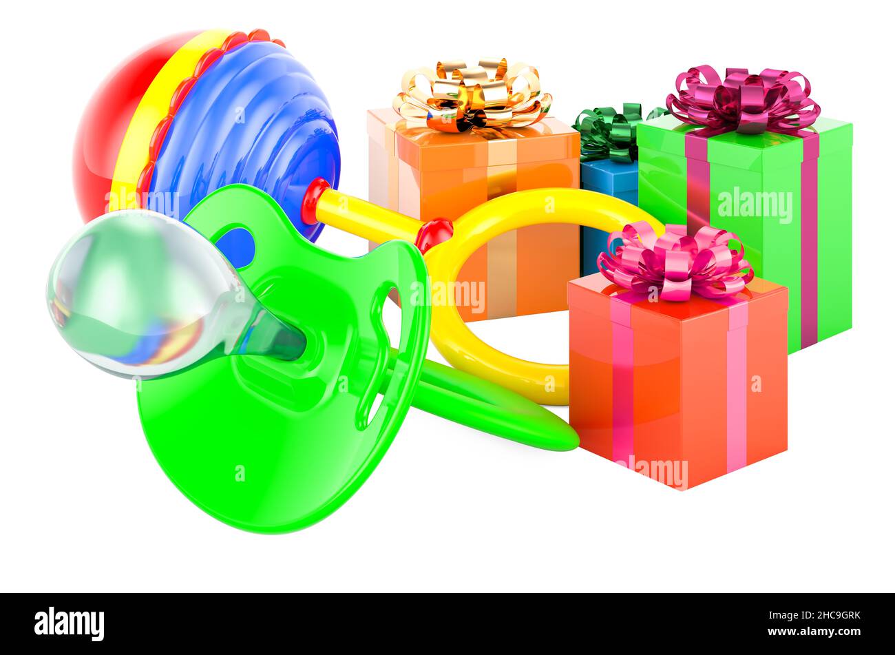 Baby pacifier and rattle with gift box, present concept. 3D rendering ...