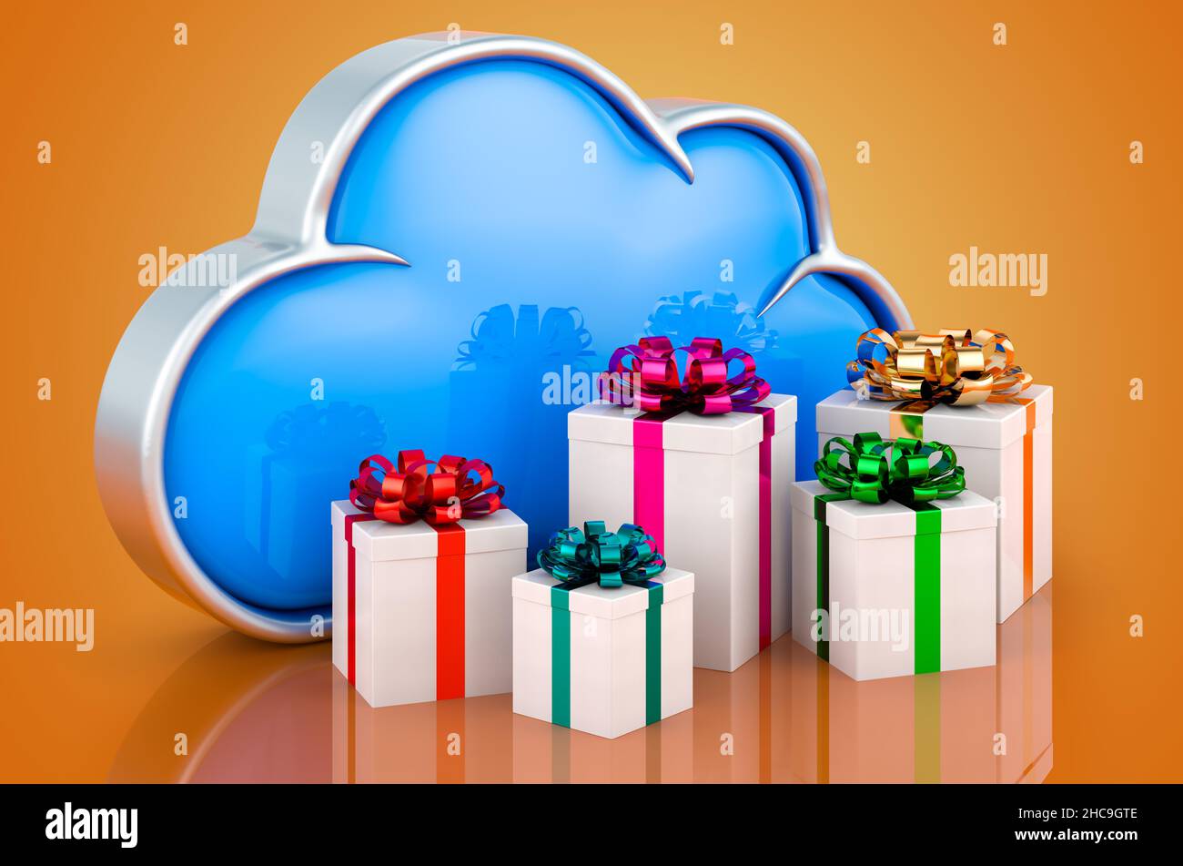 Cloud computing with gift boxes. 3D rendering isolated on orange ...