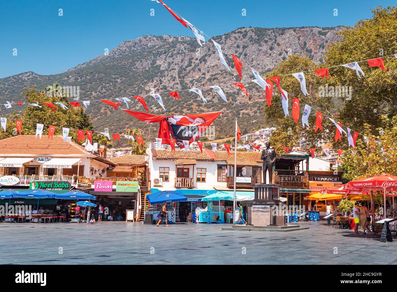 26 August 2021, Kas, Turkey: main square of the city of Kas with a ...