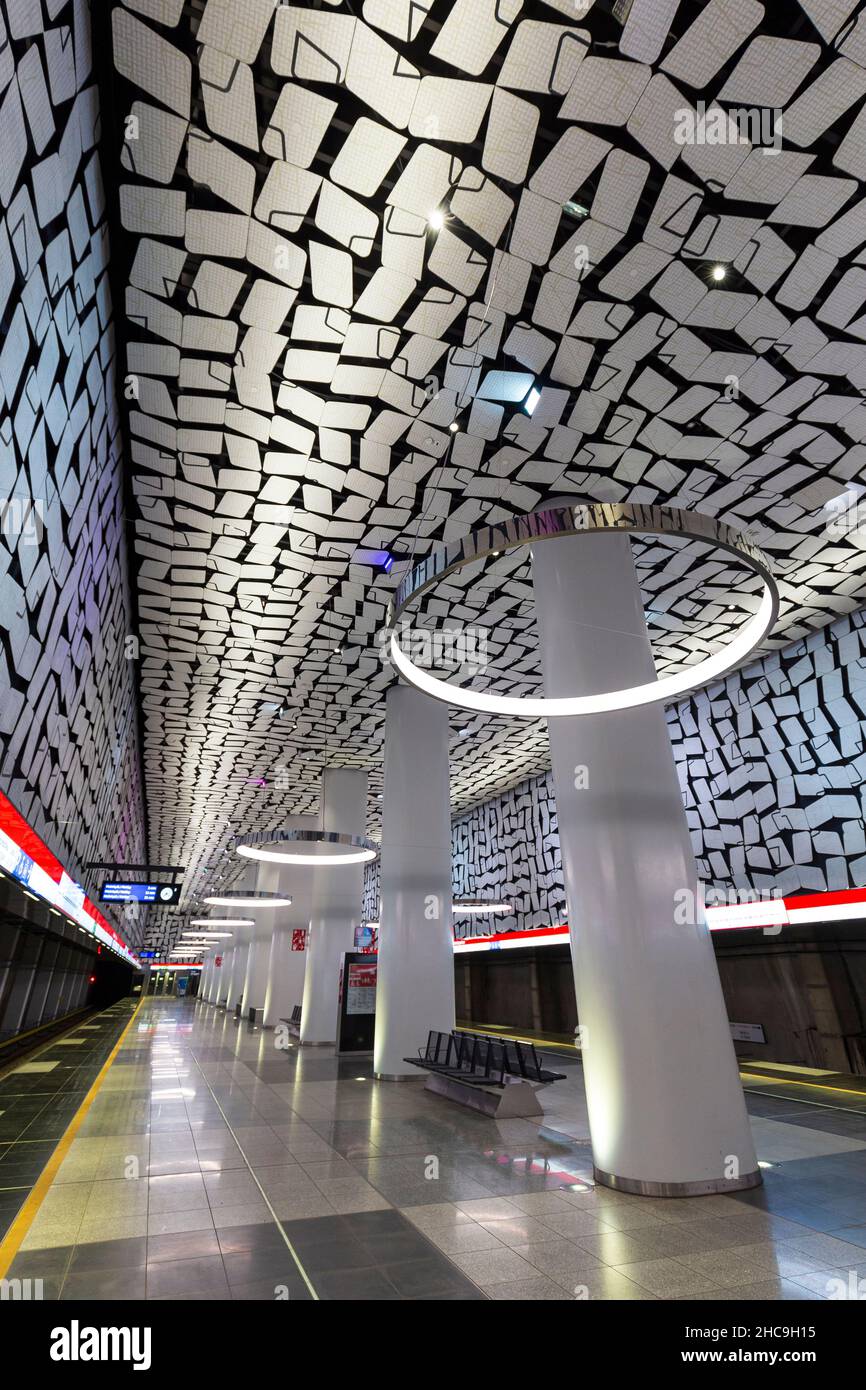 Inside one of Helsinki's newer and modern metro stations, Urheilupuisto ...