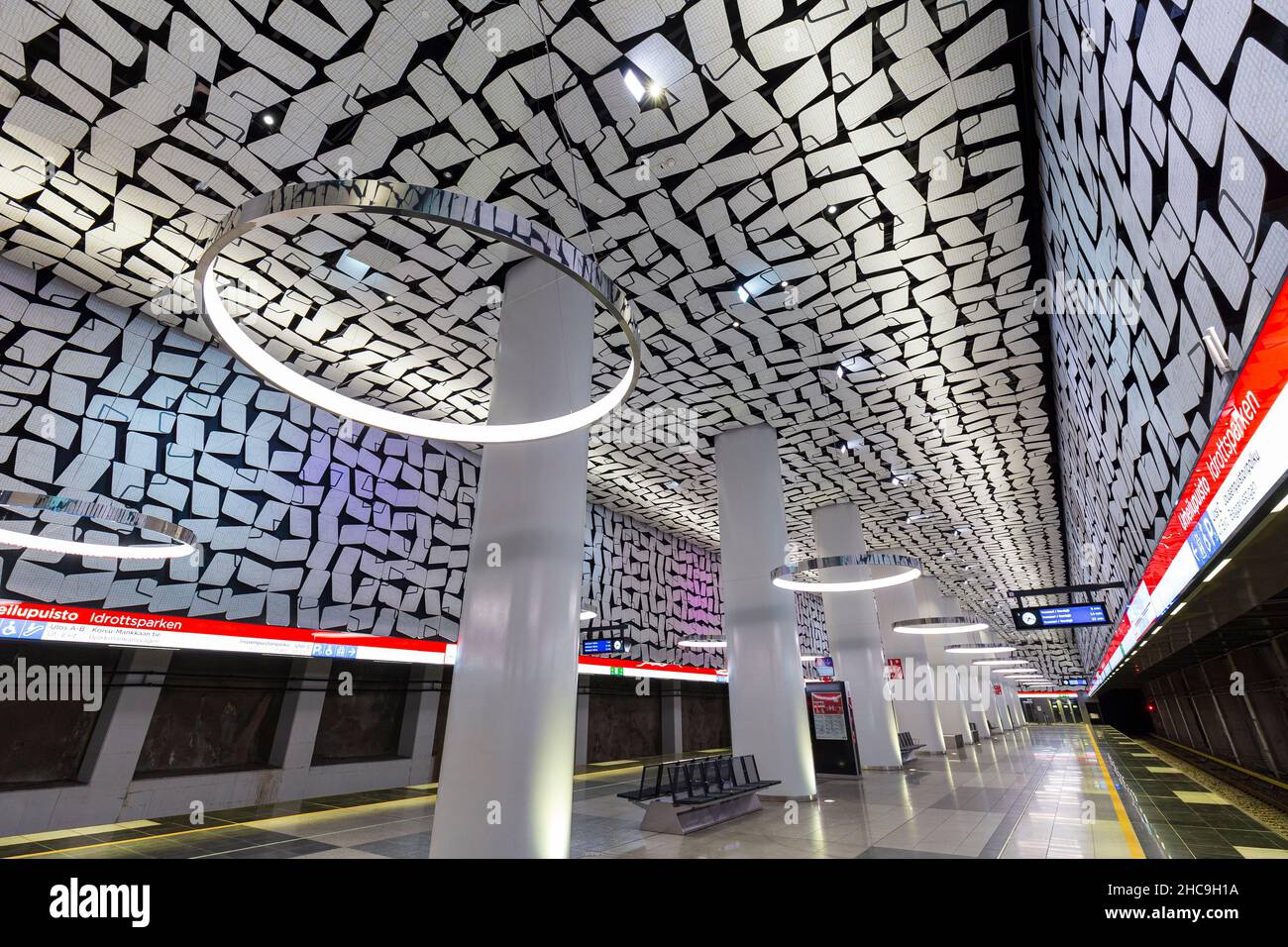 Inside one of Helsinki's newer and modern metro stations, Urheilupuisto ...