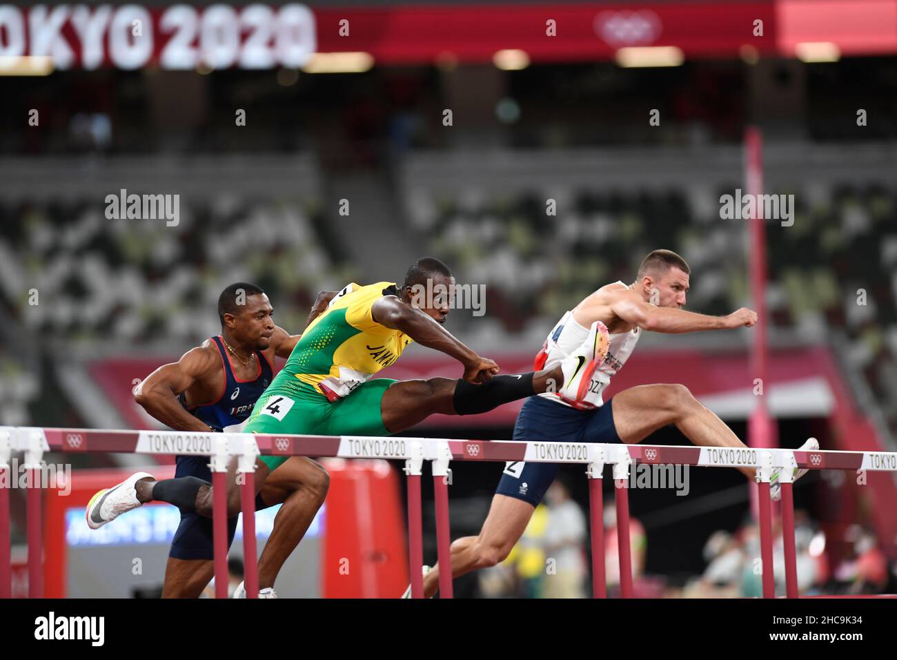 Ronald Levy participating in the 110 meter hurdles at the 2020 Tokyo ...
