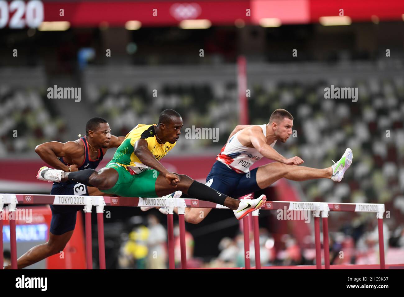 Ronald Levy participating in the 110 meter hurdles at the 2020 Tokyo ...