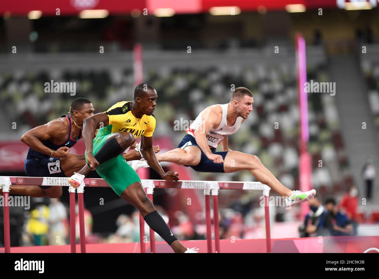 Ronald Levy participating in the 110 meter hurdles at the 2020 Tokyo ...