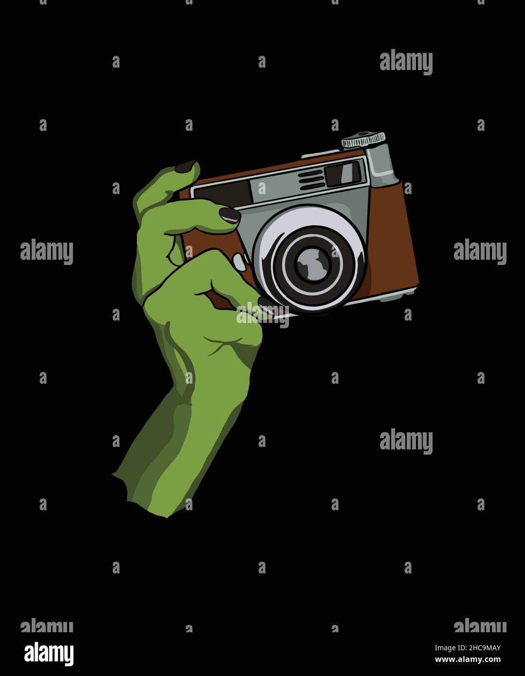 Green zombie hand holding vintage camera and taking image - black ...