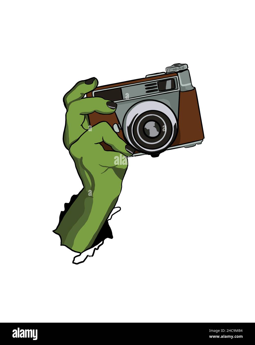 Green zombie hand holding vintage camera and taking photo on a white ...