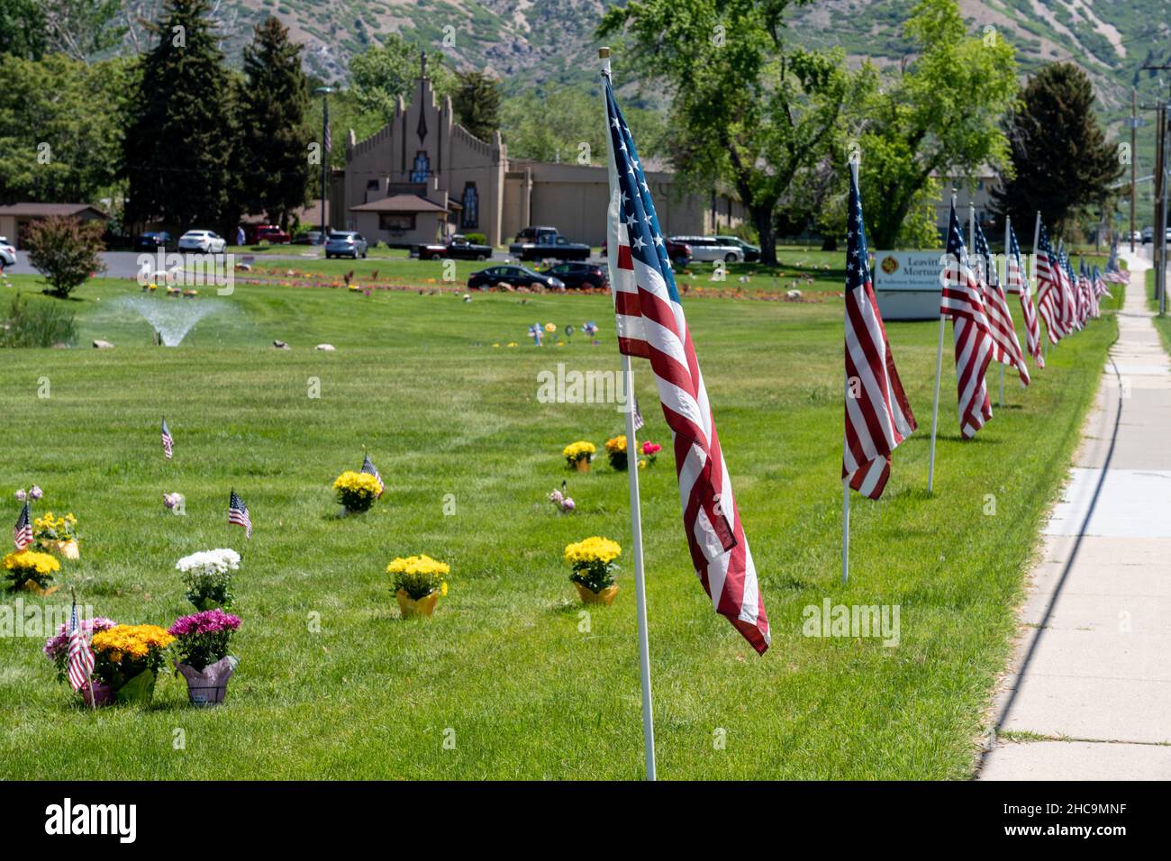 American flags line the cemetary of decorated graves for the Memorial ...