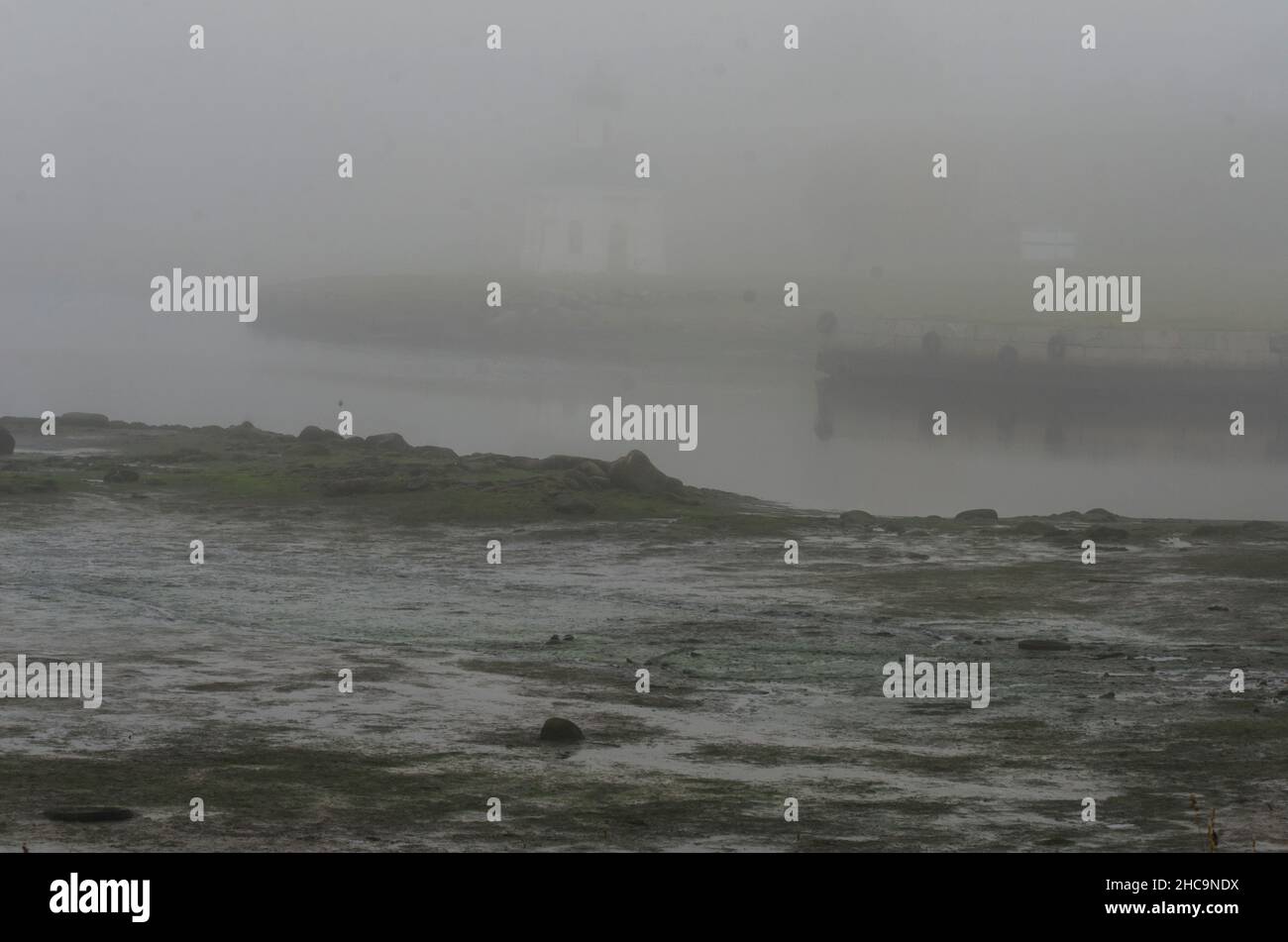 Dock and shore in fog Stock Photo - Alamy