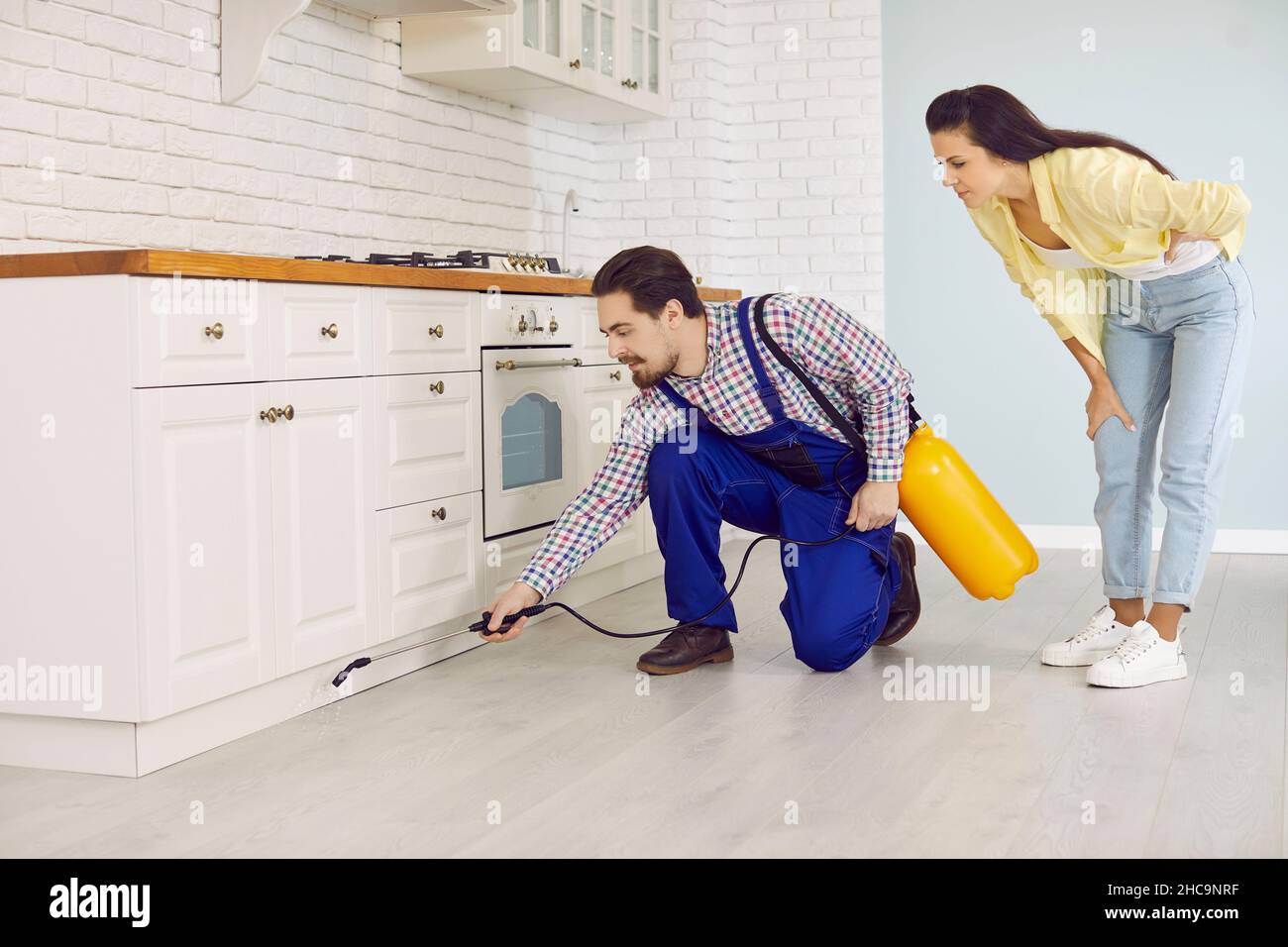 Pest control service worker spraying cockroach insecticide under ...