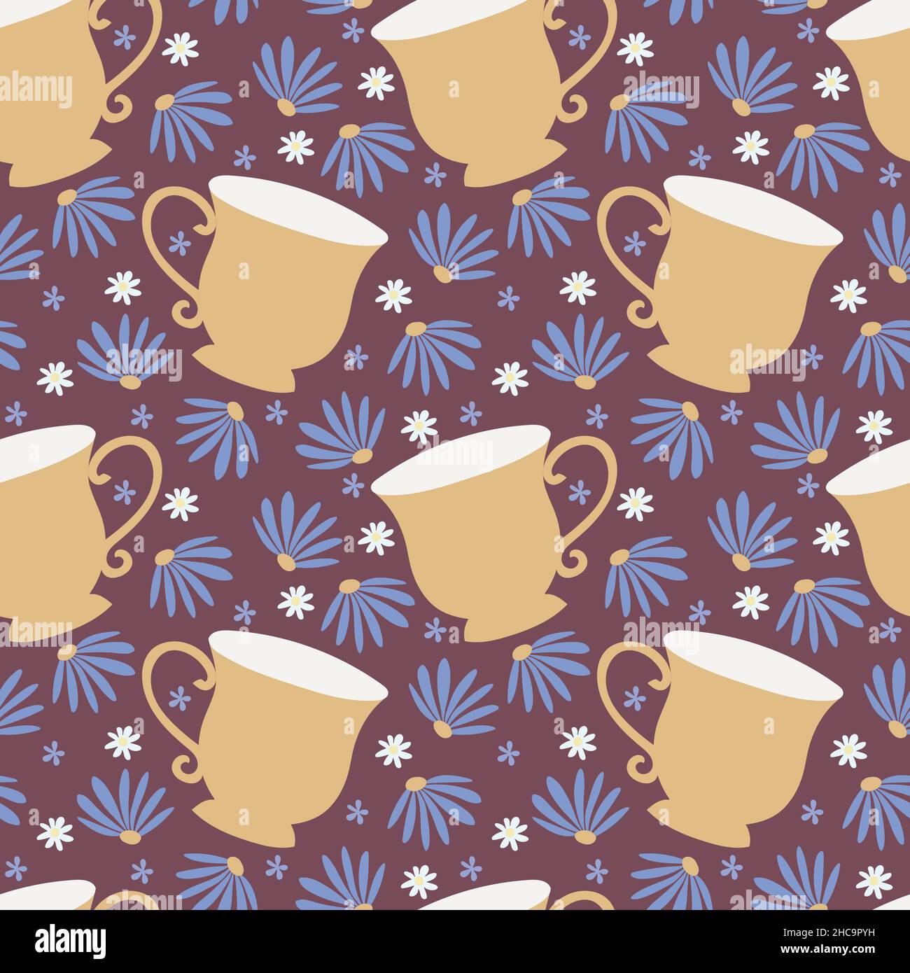Tea cup seamless pattern. Brownish purple background with yellow tea ...
