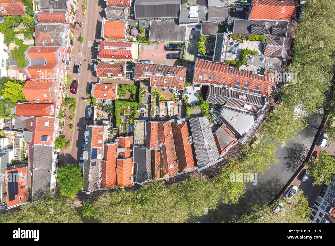 Sunny summer aerial cityscape of Gouda, cheese capital town in ...