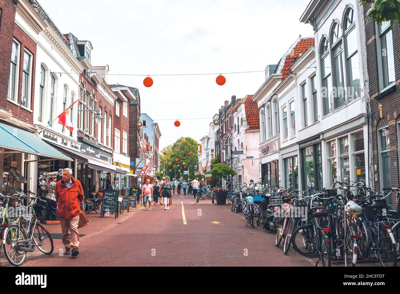 Sunny summer aerial cityscape of Gouda, cheese capital town in ...