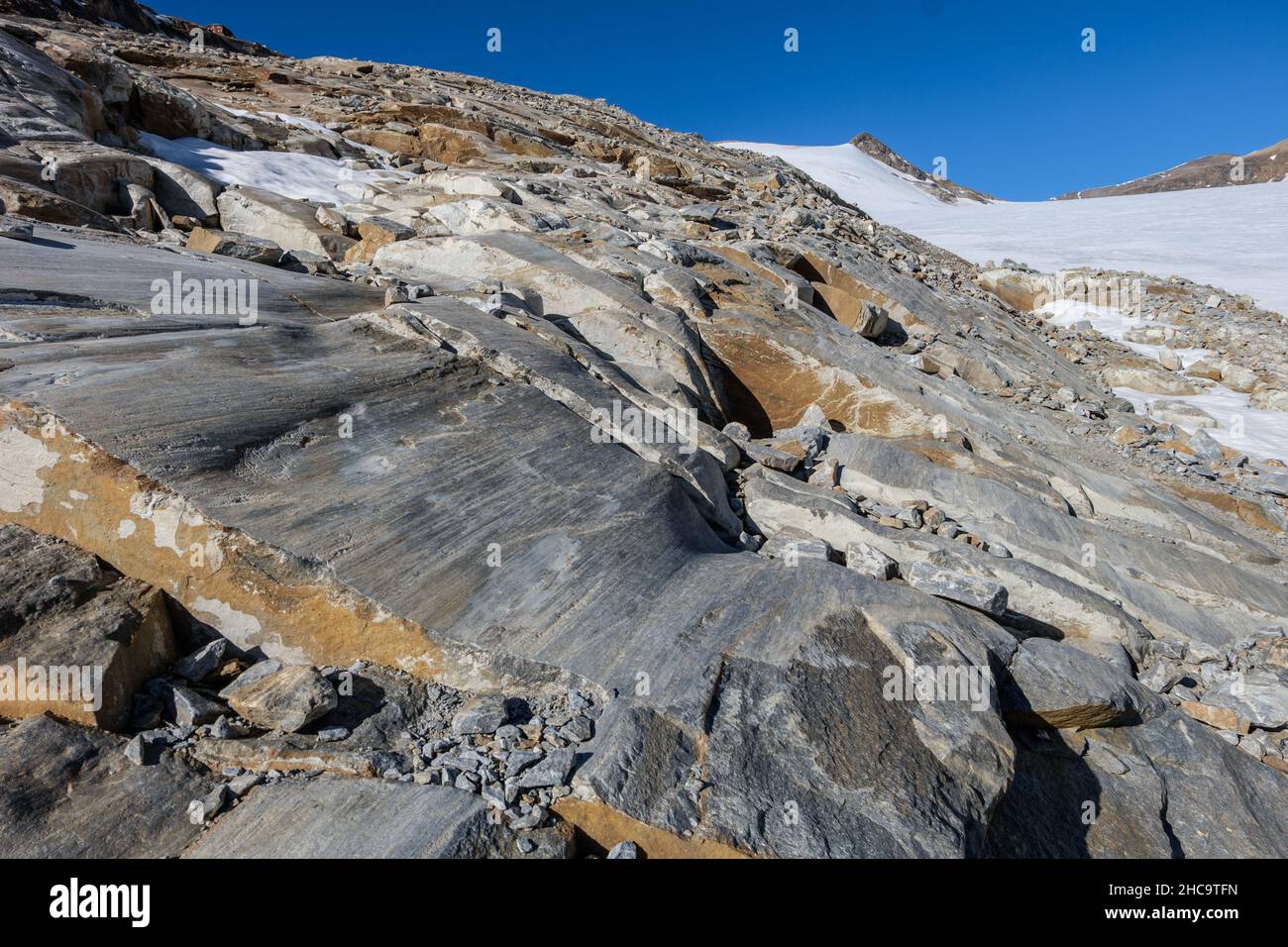 Striations in rock, left by a retreating glacier, captured near ...