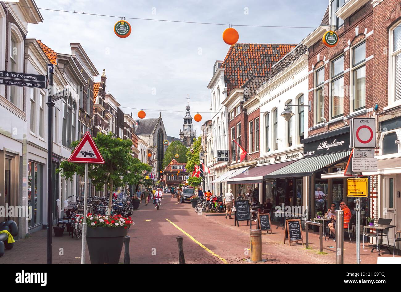 Sunny summer aerial cityscape of Gouda, cheese capital town in ...