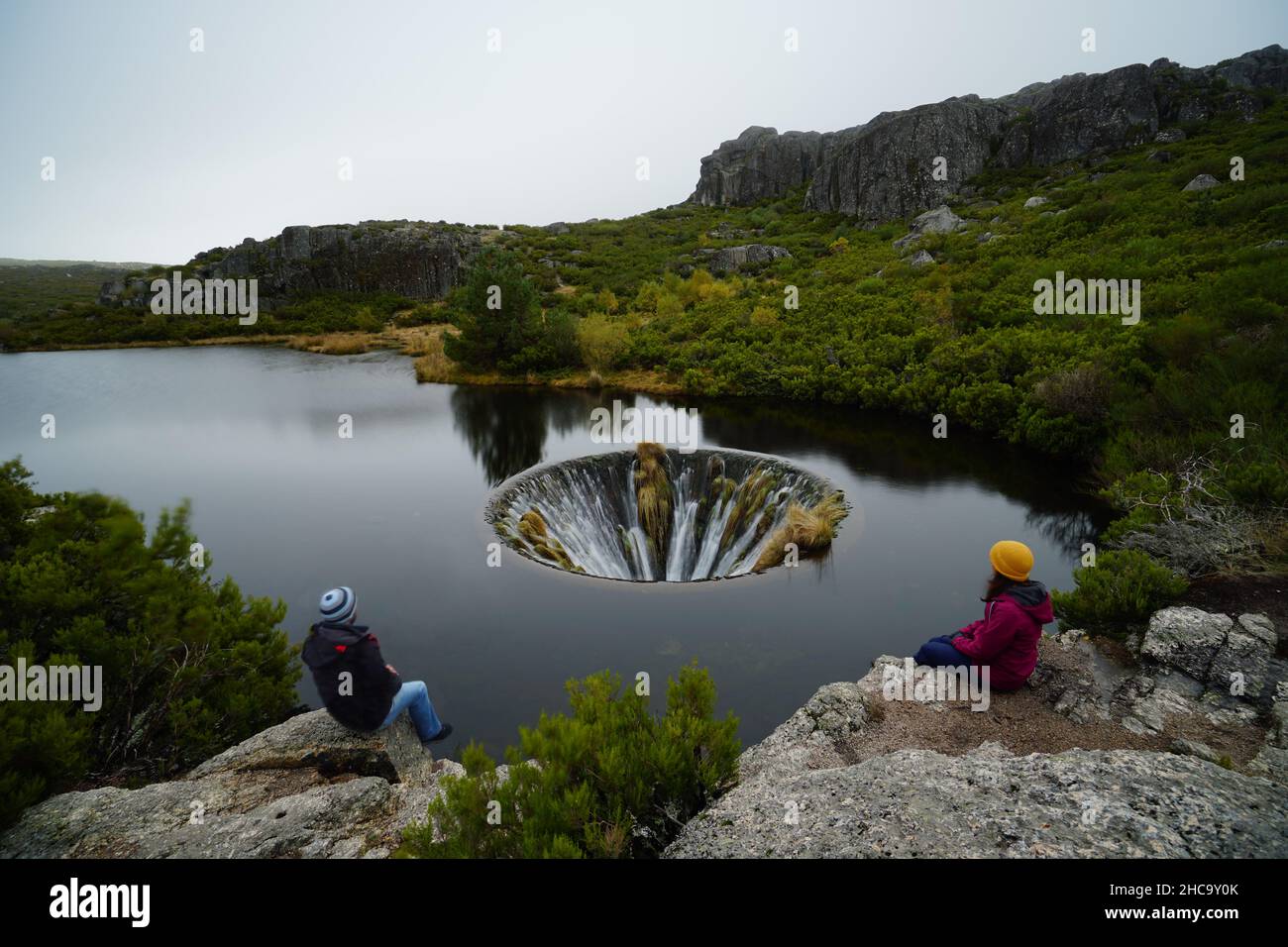 Lake Covao dos Conchos famous for its Bell-mouth spillway in Serra da ...