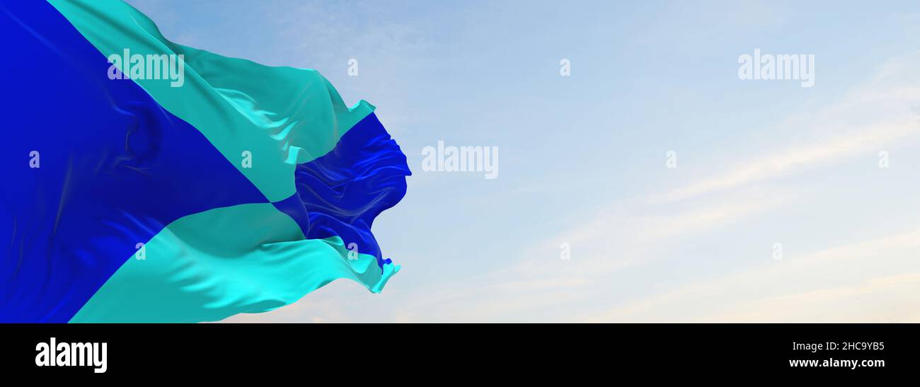 flag of Yeniche people , Switzerland at cloudy sky background on sunset ...