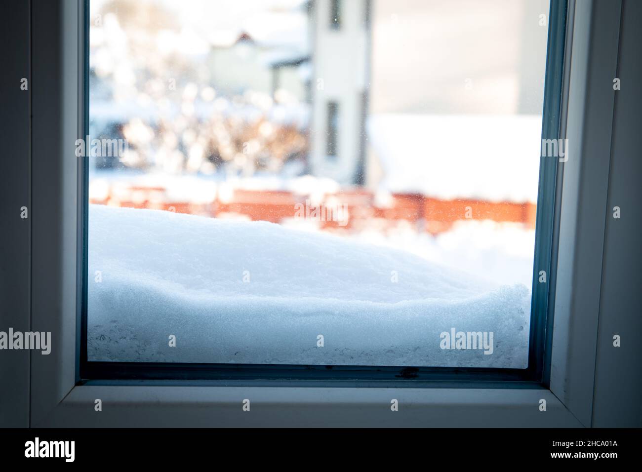 Home window from the inside. Behind the window snow compartments Stock ...