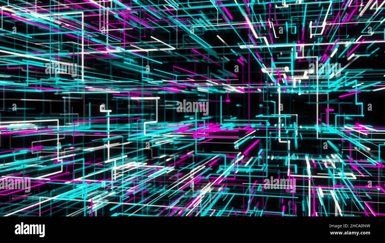 Abstract Colored Tangled Narrow Lines On Black Background With 3d
