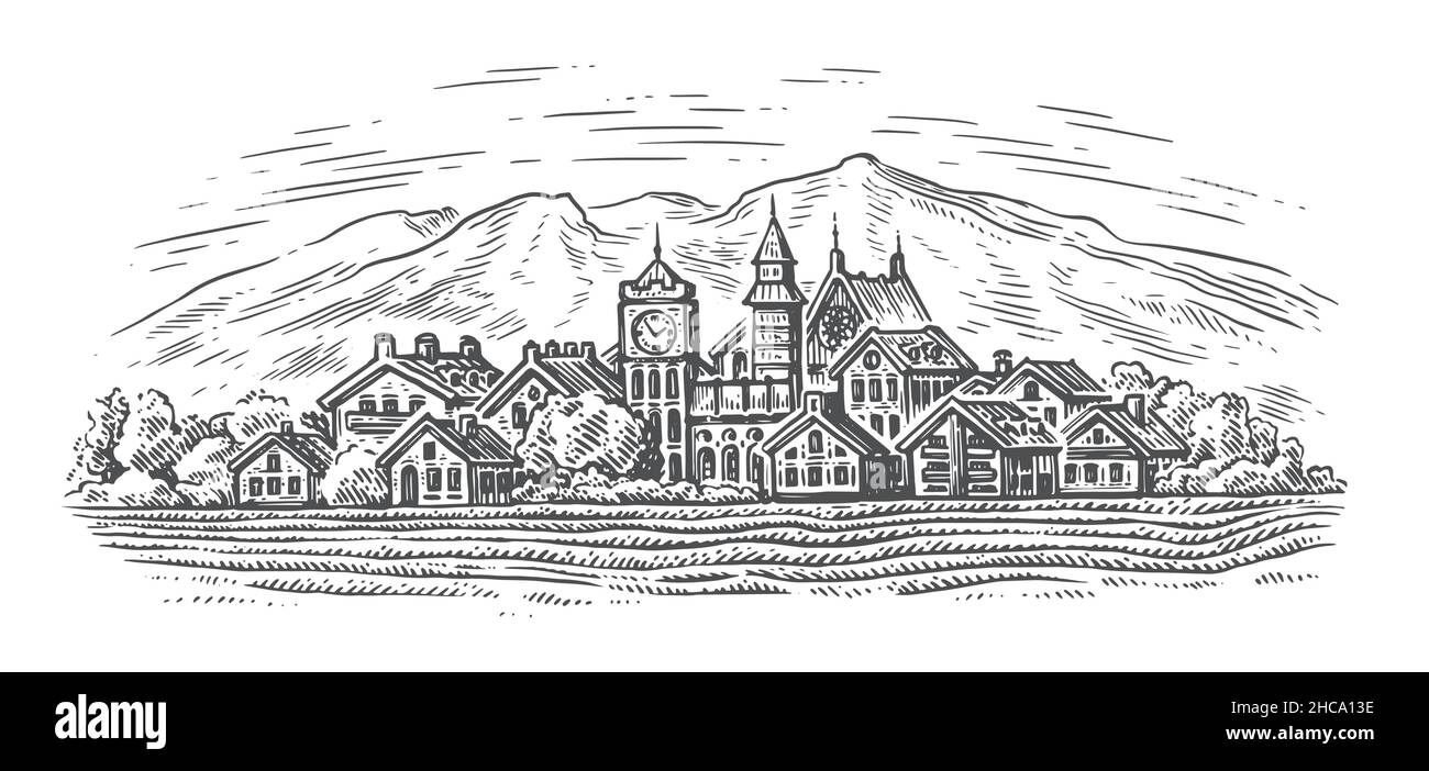 Old town against backdrop of mountain landscape. Engraved illustration ...