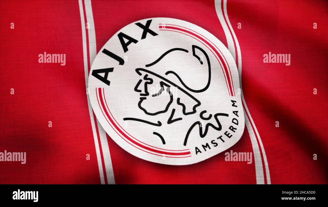 Ajax FC flag is waving. Close-up of waving flag with AFC Ajax football ...