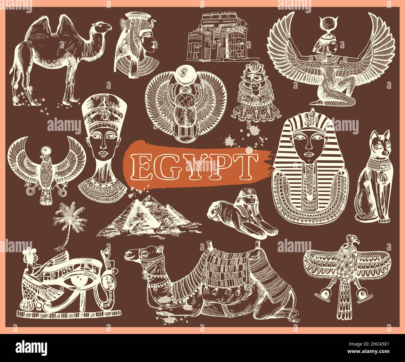 Set of hand drawn sketch style Egyptian themed objects. Vector ...