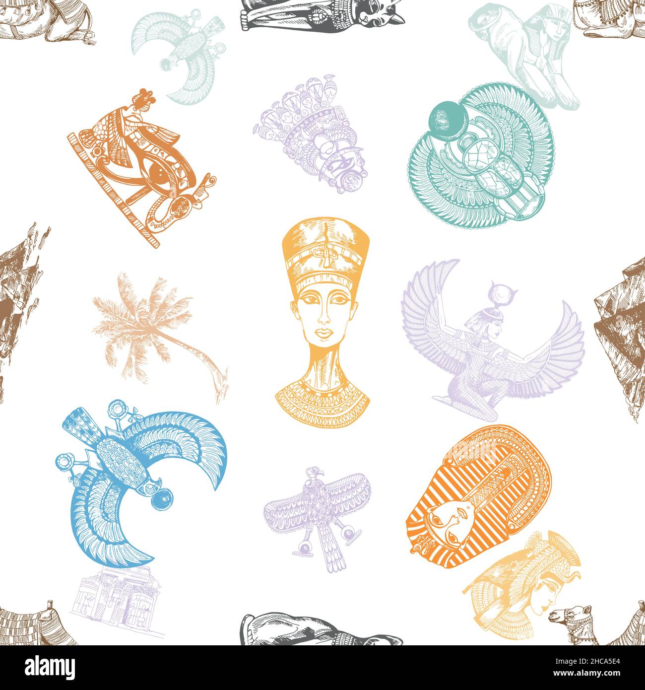 Seamless pattern of hand drawn sketch style Egyptian themed objects ...