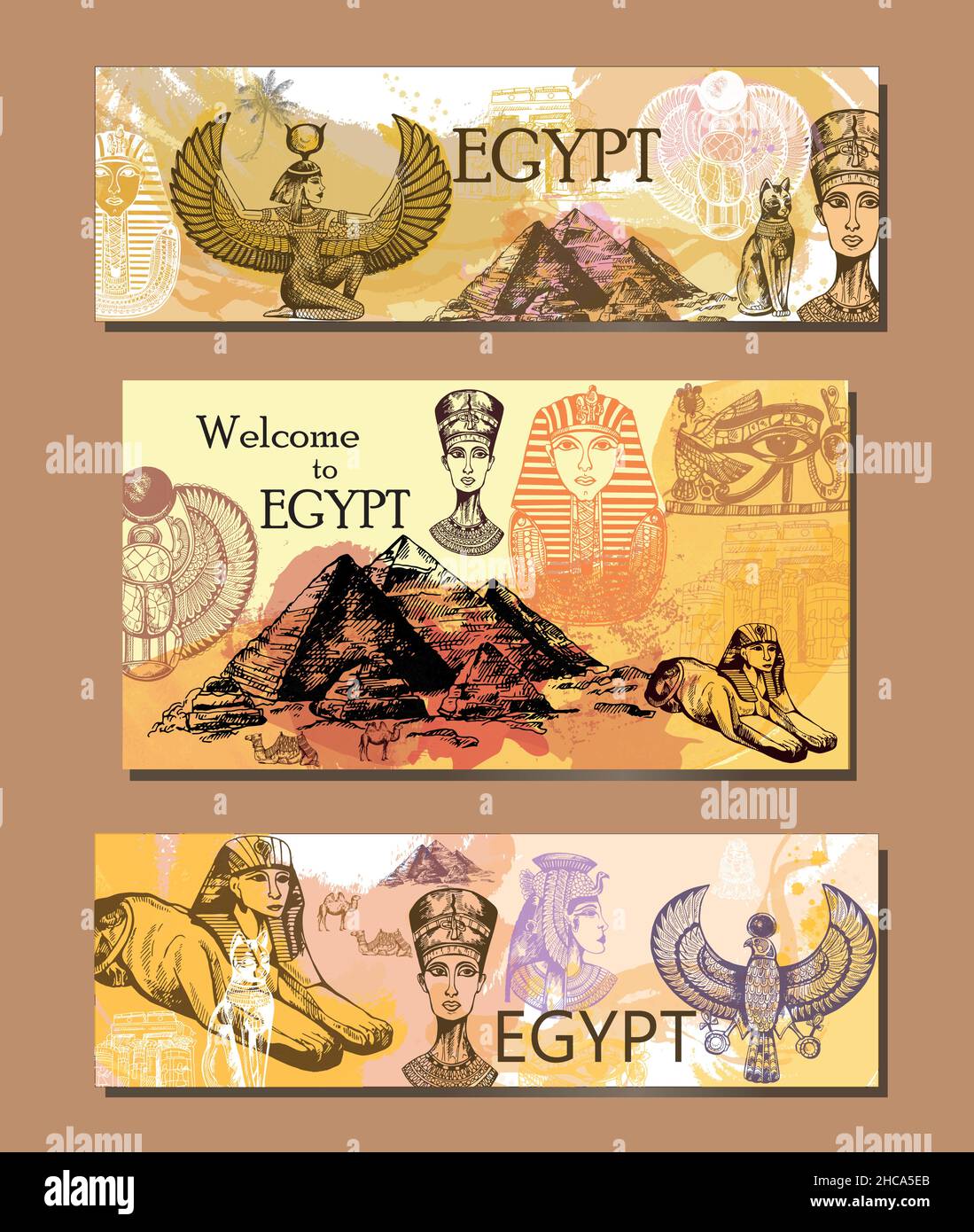 Set of hand drawn sketch style Egyptian themed posters. Vector ...