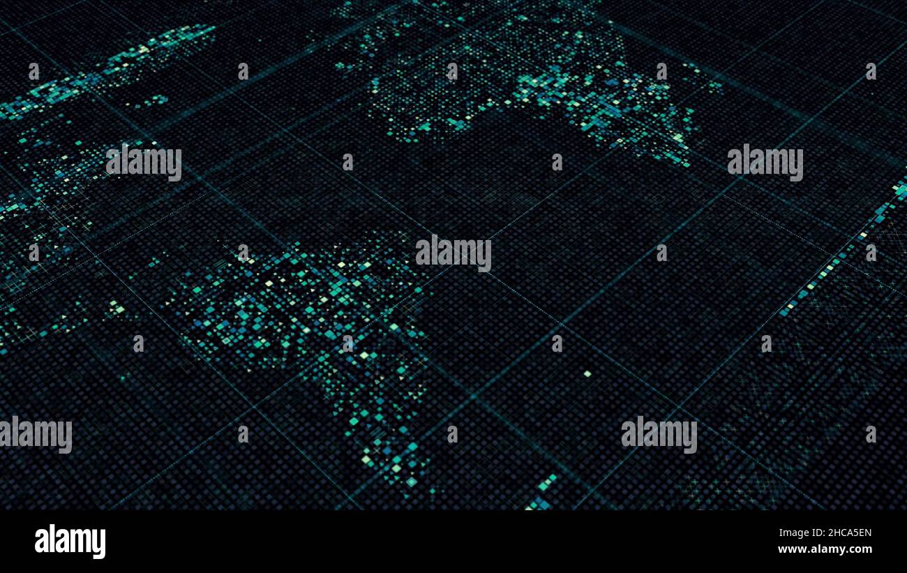 Abstract animation of world map in digital screen with colorful dots ...