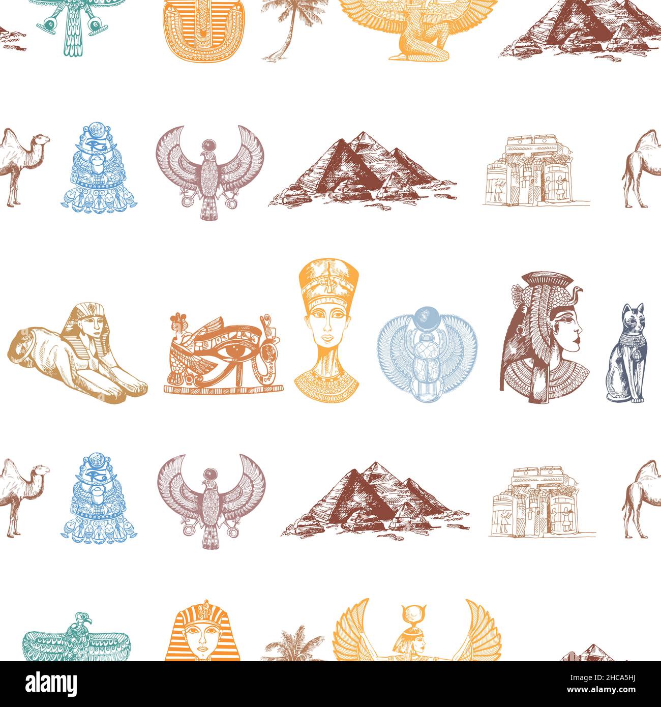 Seamless pattern of hand drawn sketch style Egyptian themed objects ...