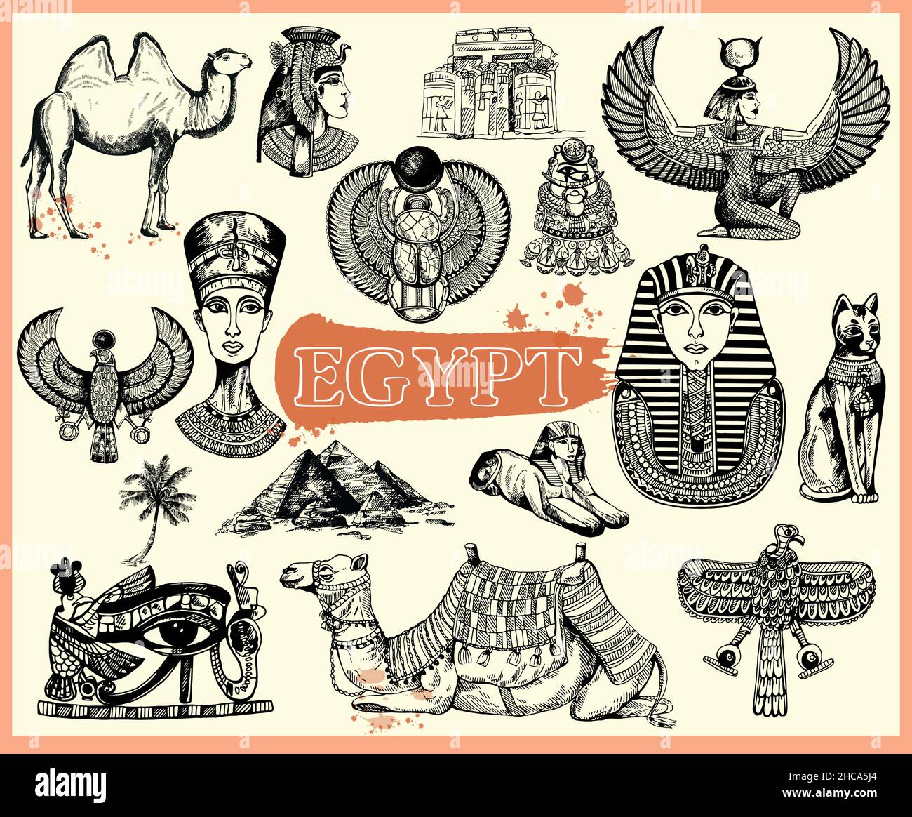 Set of hand drawn sketch style Egyptian themed objects. Vector ...