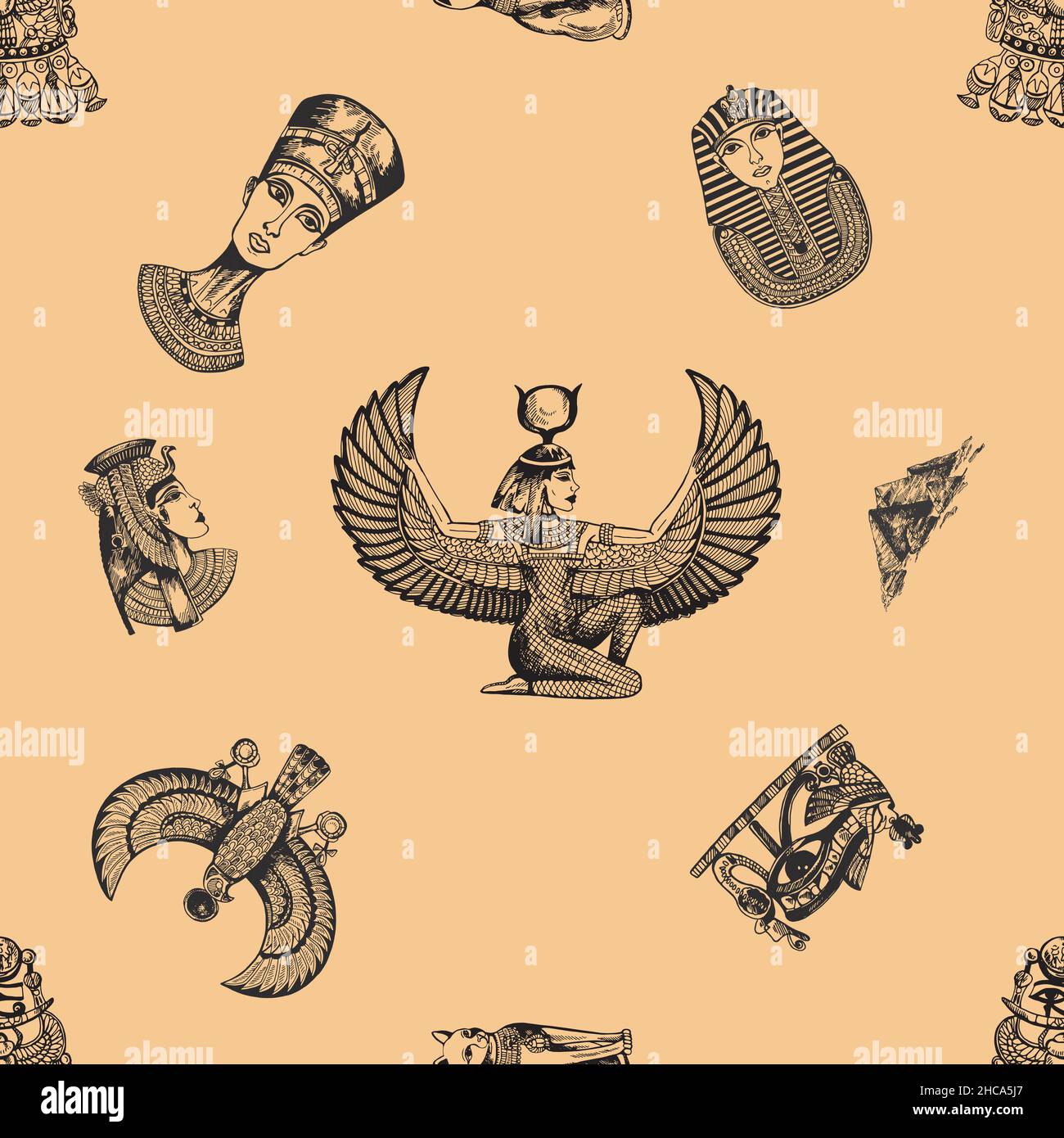 Seamless pattern of hand drawn sketch style Egyptian themed objects ...