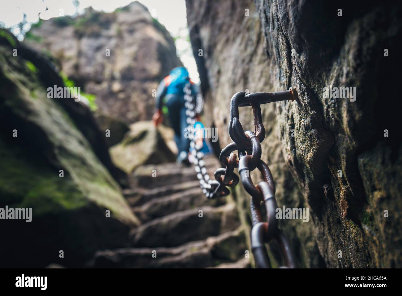 Chain to facilitate the difficult passage hiking trail in the mountains ...