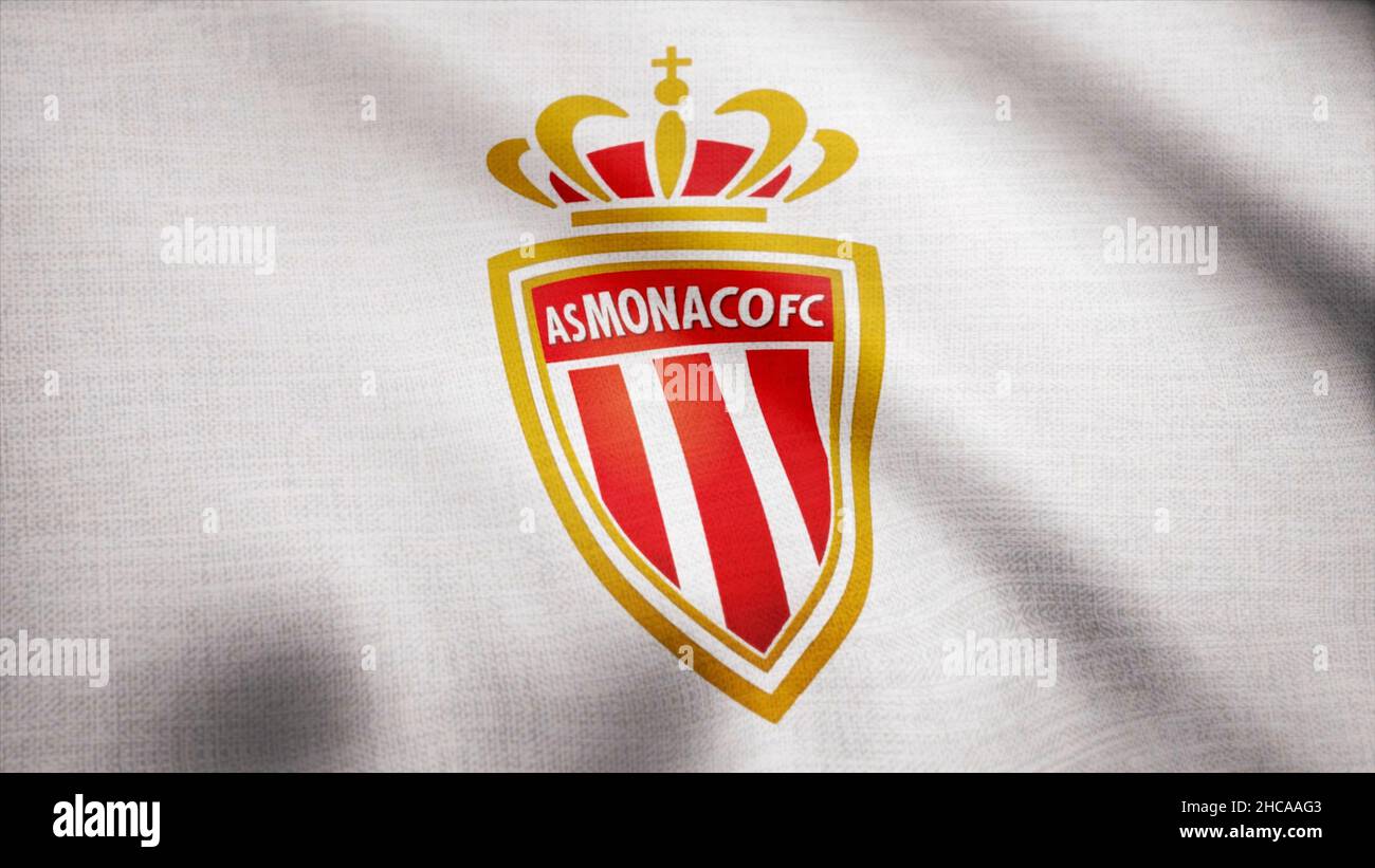 Close-up of waving flag with AS Monaco FC football club logo, seamless ...