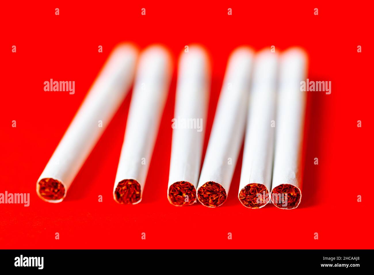 White cigarettes with filter in a row . Tobacco products at red ...