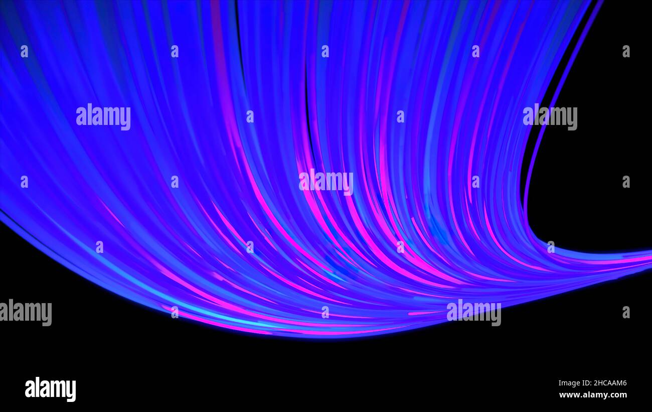 Beautiful 3D light effects, many bended blue and pink rays on black ...