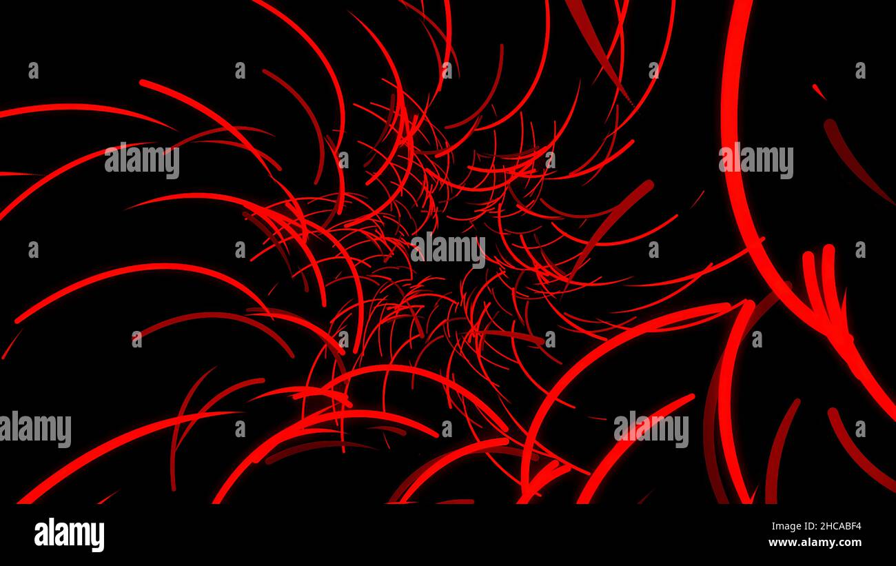 Abstract flight of colored lines on a black background that rotate and ...