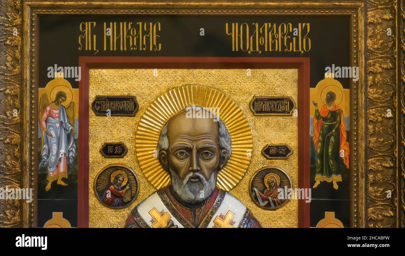 Interior of a decorative orthodox church with a beautiful holy icon ...